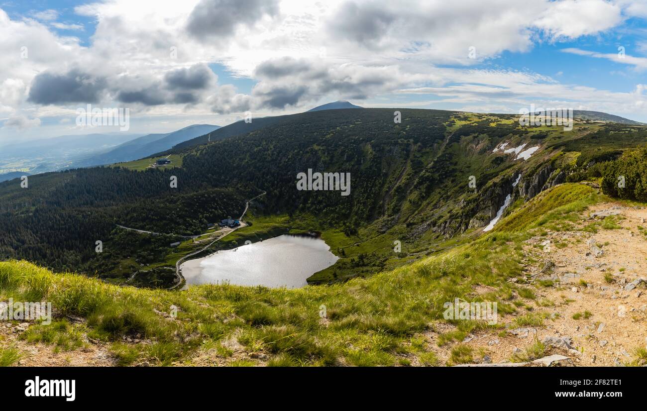 Small pond down to mountain trail in Giant Mountains next to Samotnia ...