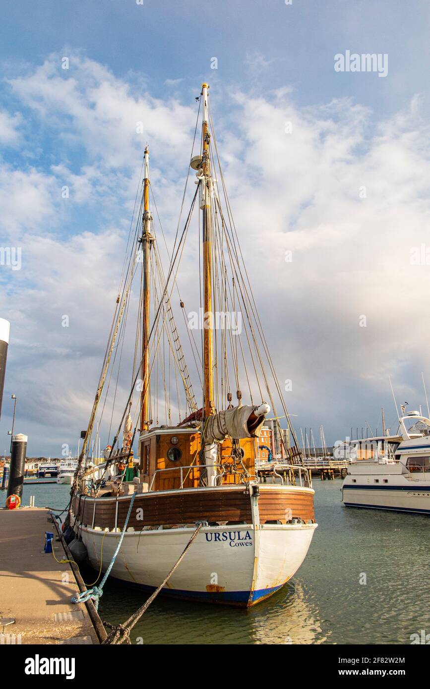 A traditional Thames barge sailing boat Ursula, moored at Cowes in teh ...