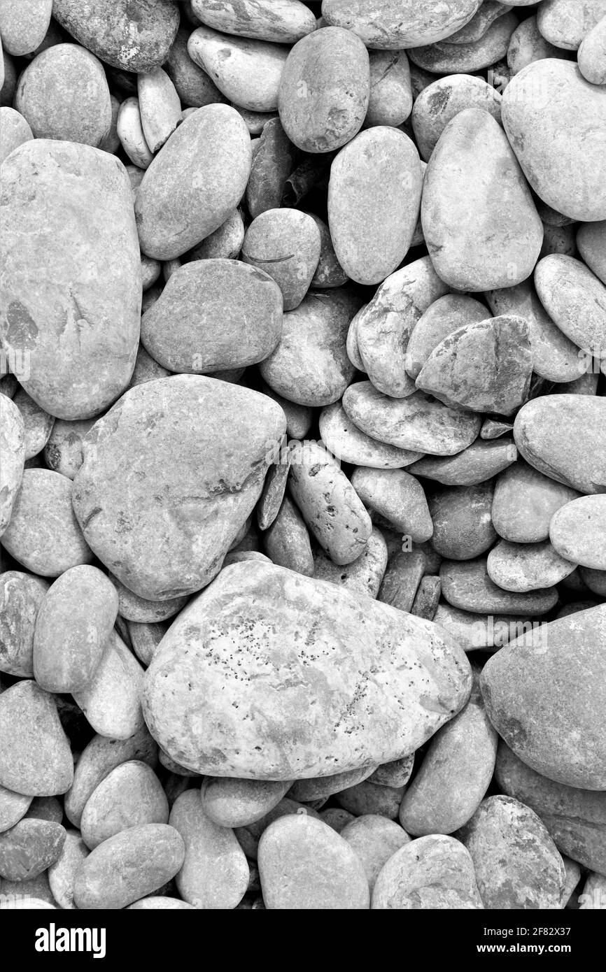 Looking down at random sized grey pebbles on a beach Stock Photo - Alamy