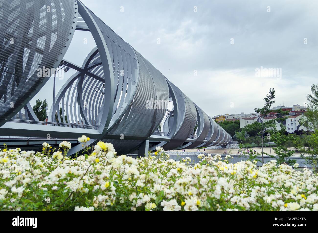 A round bridge with white flowers growing near it Stock Photo - Alamy