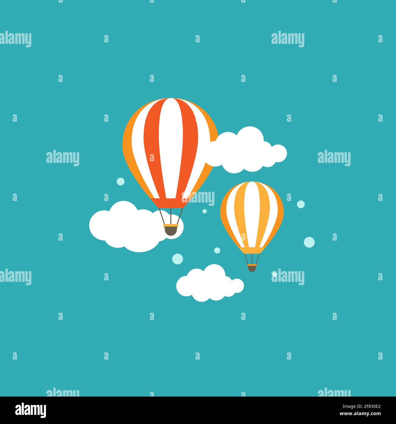 Orange hot air balloon flying in the powder blue sky with clouds. Flat ...