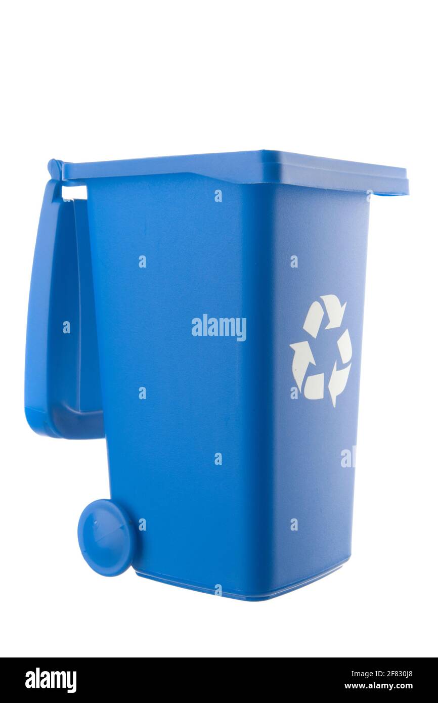 Plastic blue trash can isolated on white background Stock Photo - Alamy