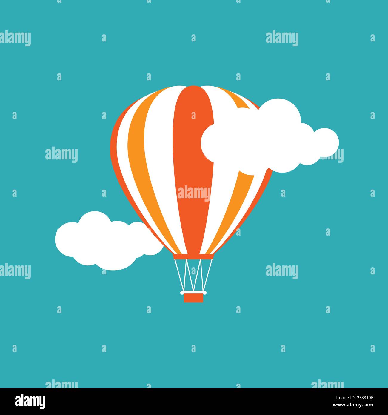 Orange hot air balloon flying in the powder blue sky with clouds. Flat ...