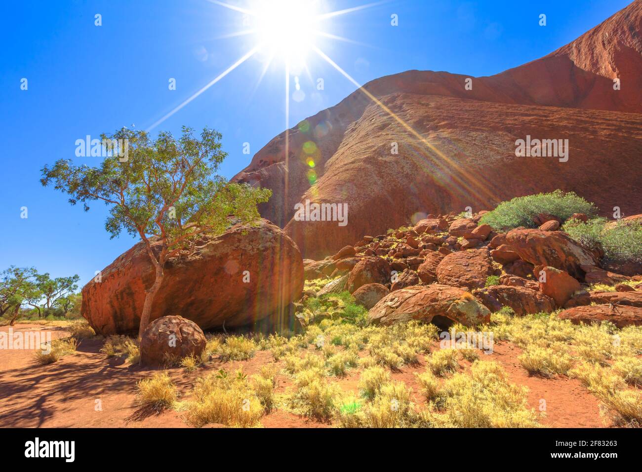 Sunbeams over Ayers Rock and bush vegetation in dry season along ...