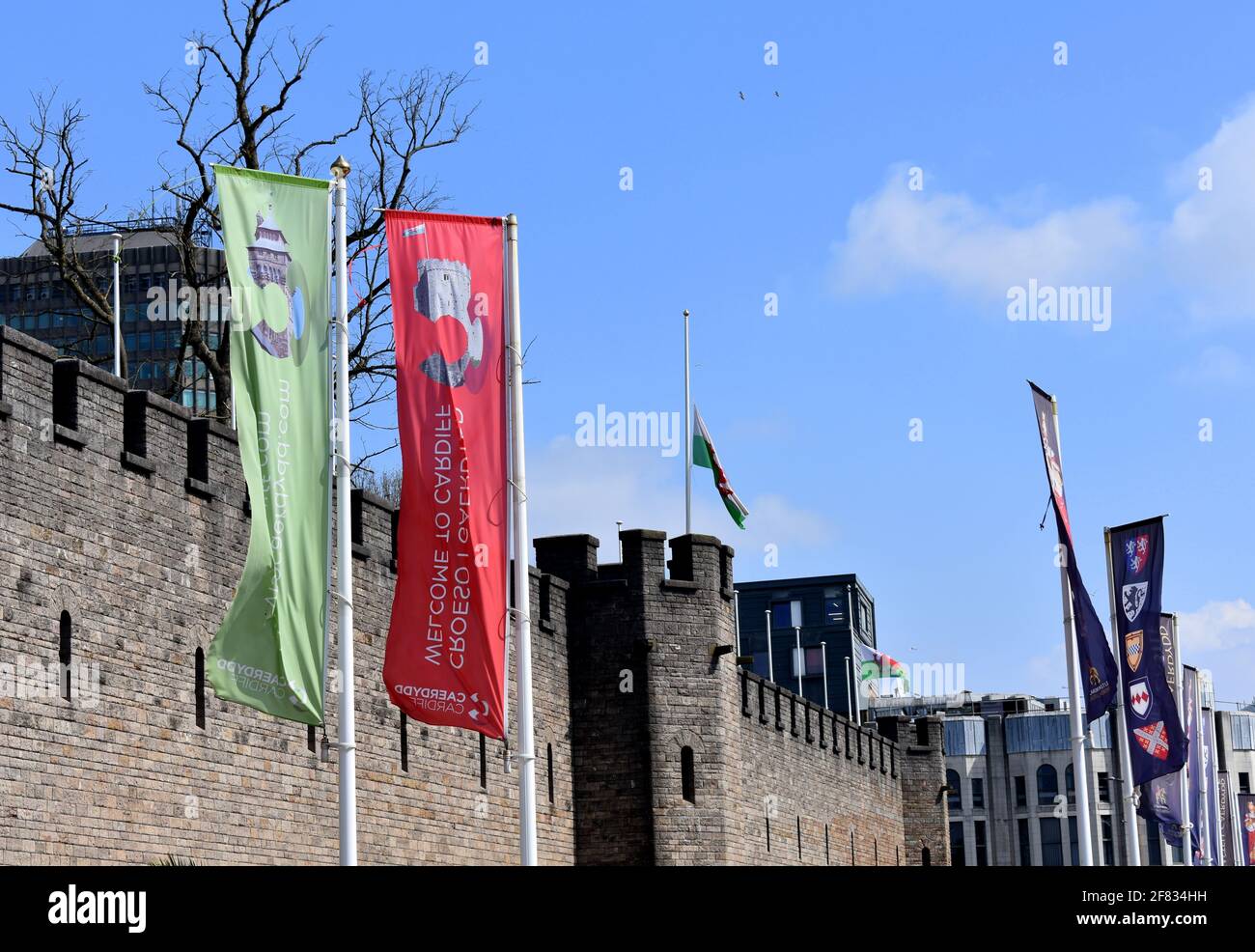 Cardiff castle Welsh flags flying at half mast after the death of ...