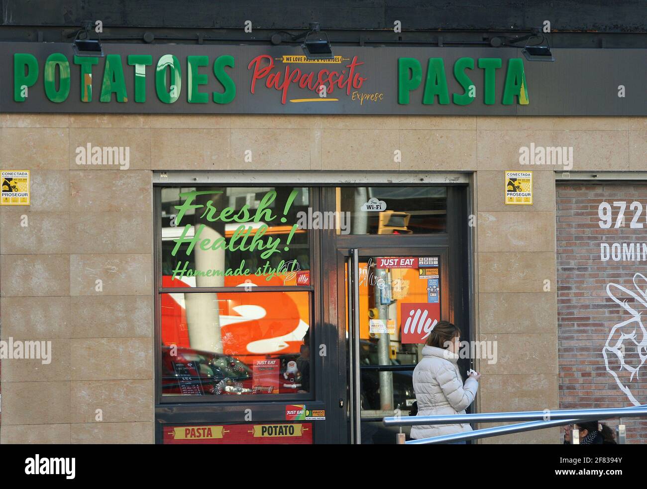 Potatoes & Pasta fast food shop in the seaside town of Lloret de Mar on ...