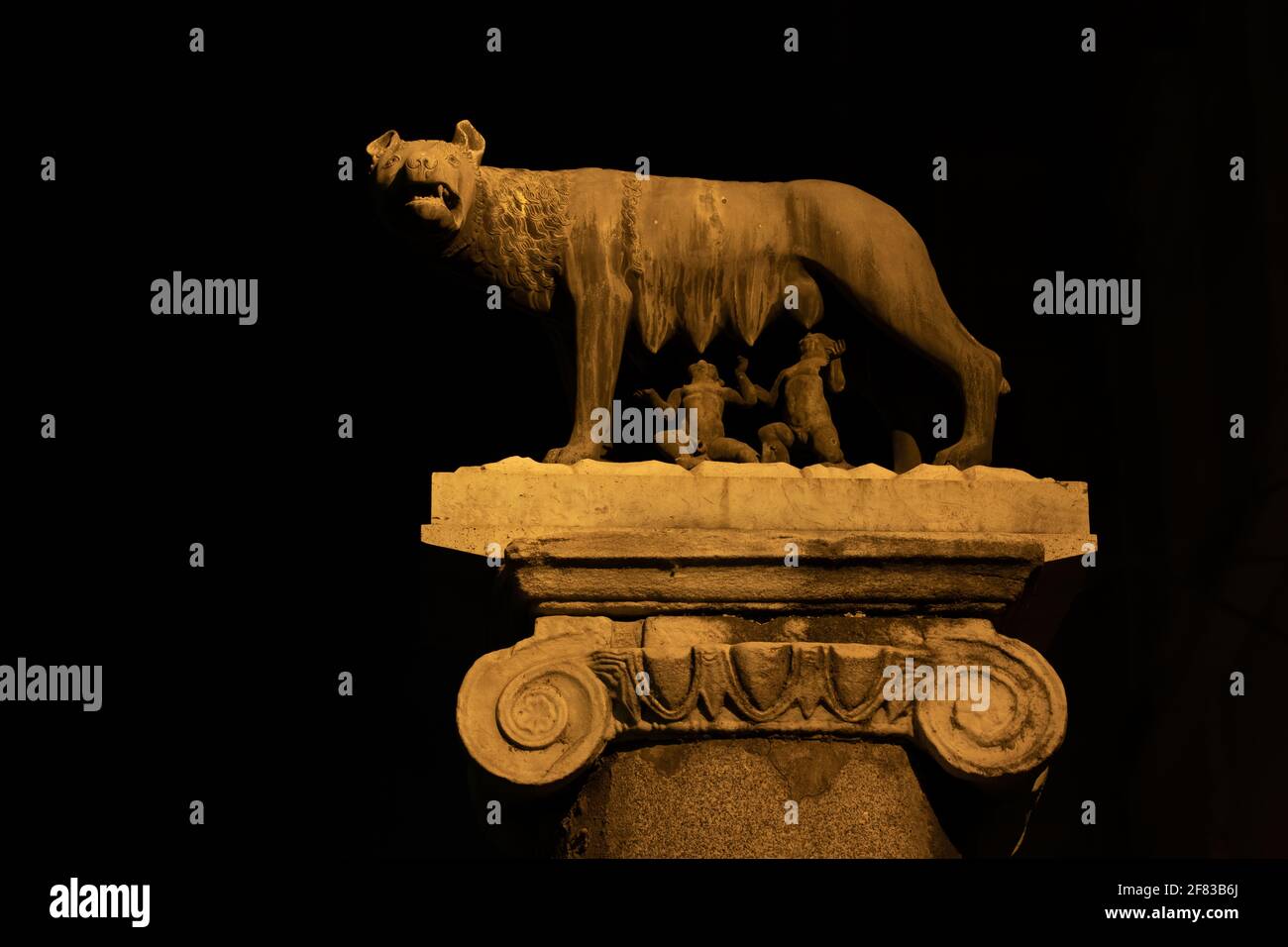 Capitoline Wolf (Lupa capitolina) with Romulus and Remus at night on ...