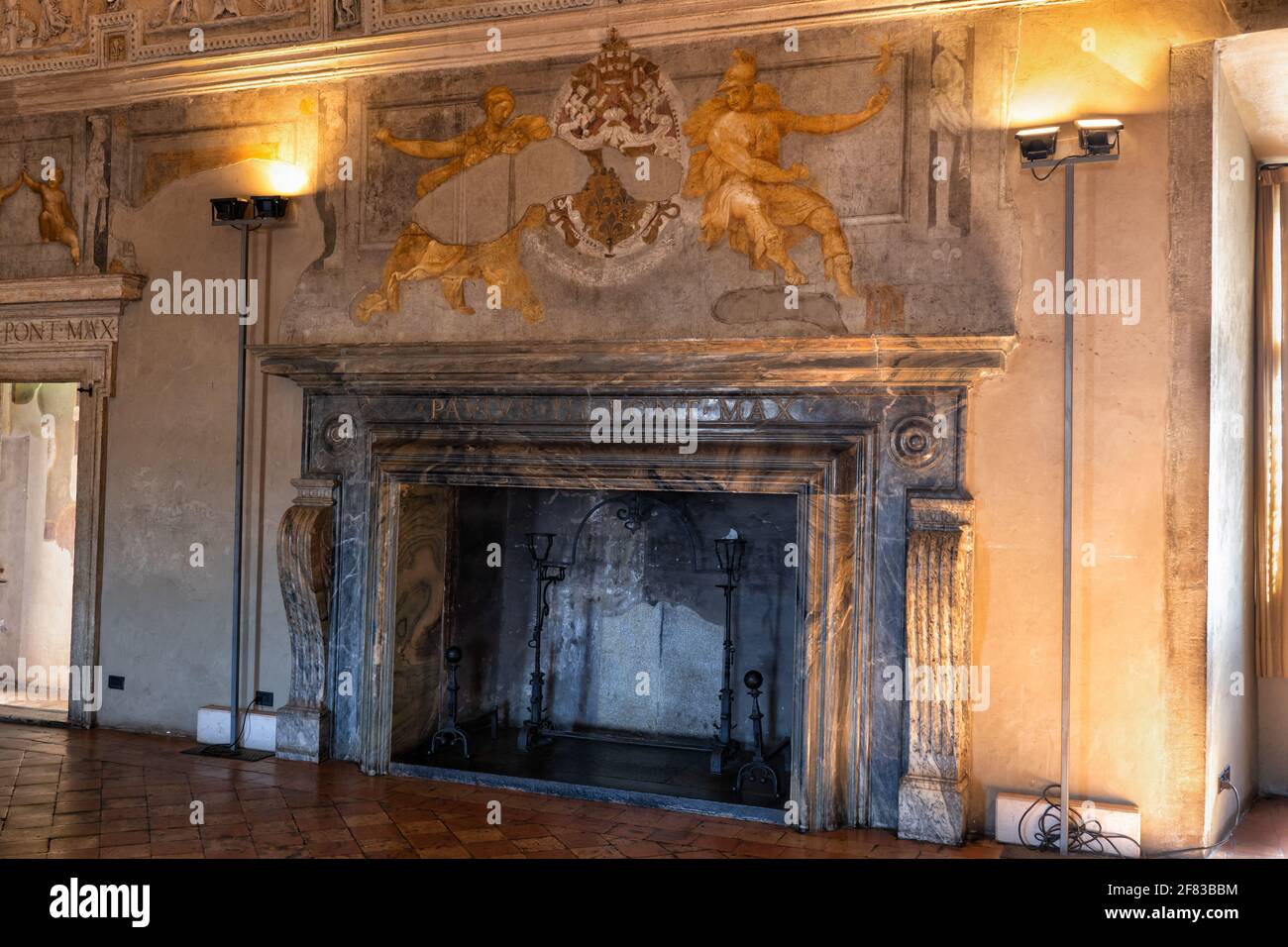 The Library fireplace and coat of arms and allegorical figures above in ...