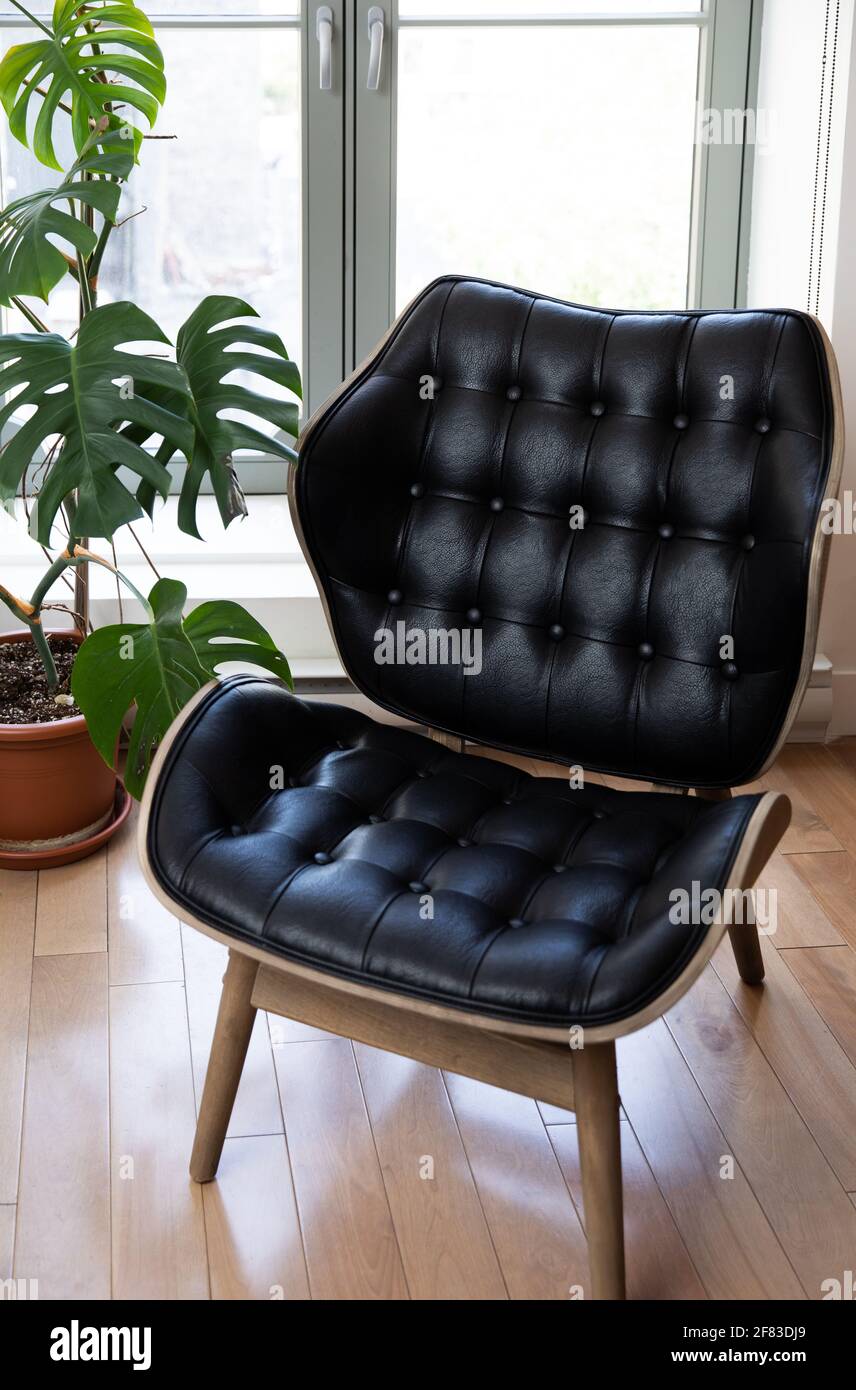 modern black chair in a living room with soft bright light Stock Photo ...