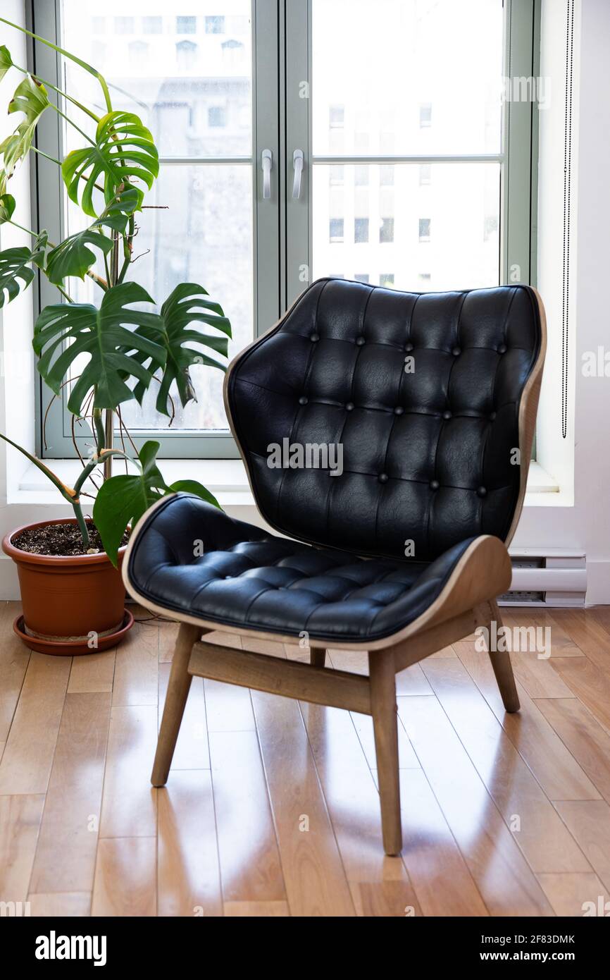 modern black chair in a living room with soft bright light Stock Photo ...