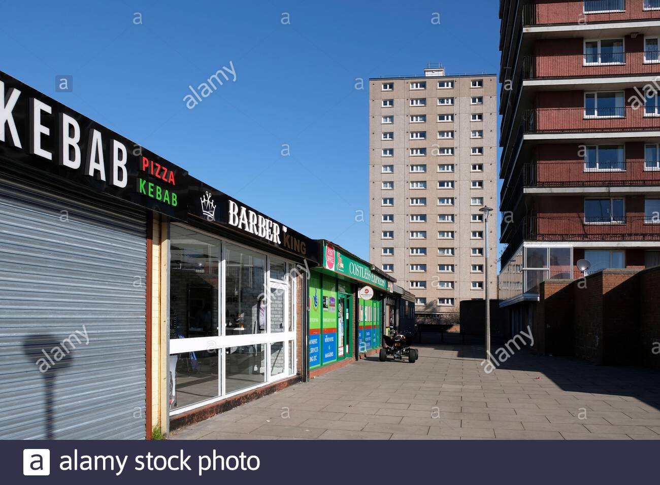 Local shops amongst the Muirhouse and Pennywell tower Blocks, Edinburgh ...