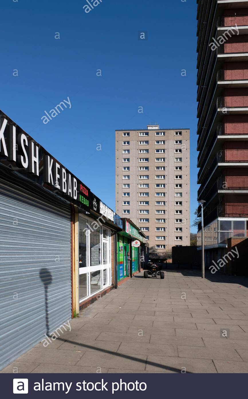 Local shops amongst the Muirhouse and Pennywell tower Blocks, Edinburgh ...