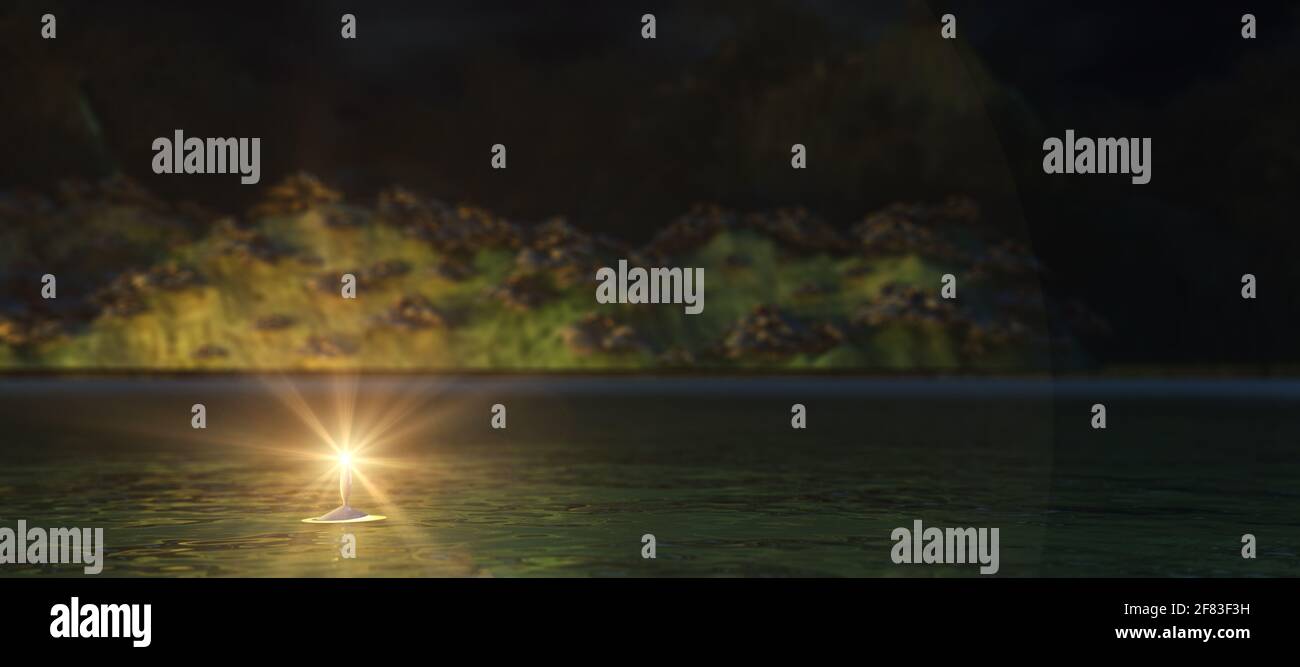 Abstract night background with candles in the water, 3d rendering ...