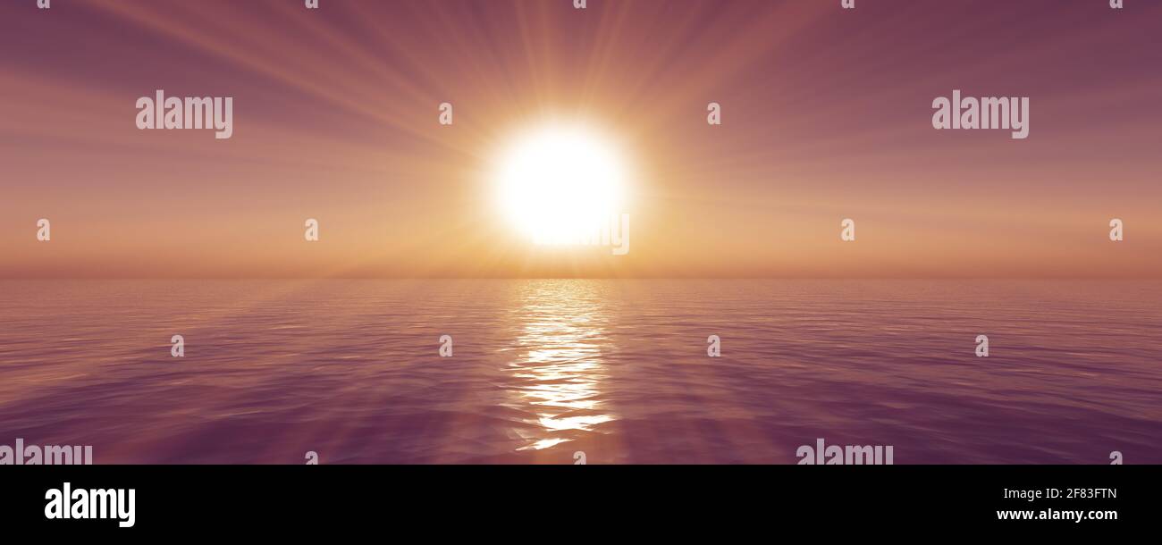 sunset sea sun ray clear sky, 3d rendering illustration Stock Photo - Alamy