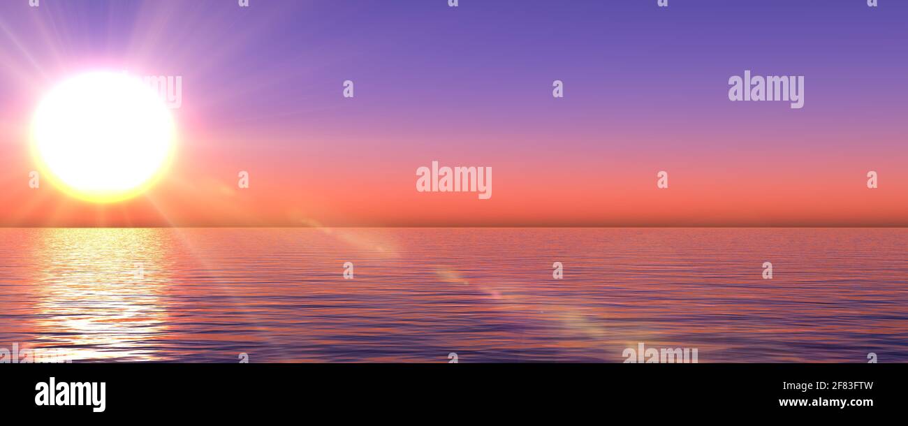 sunset sea sun ray clear sky, 3d rendering illustration Stock Photo - Alamy