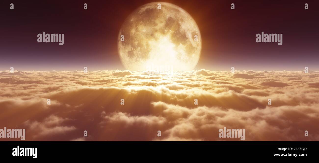 above clouds full moon illustration, 3d rendering Stock Photo - Alamy