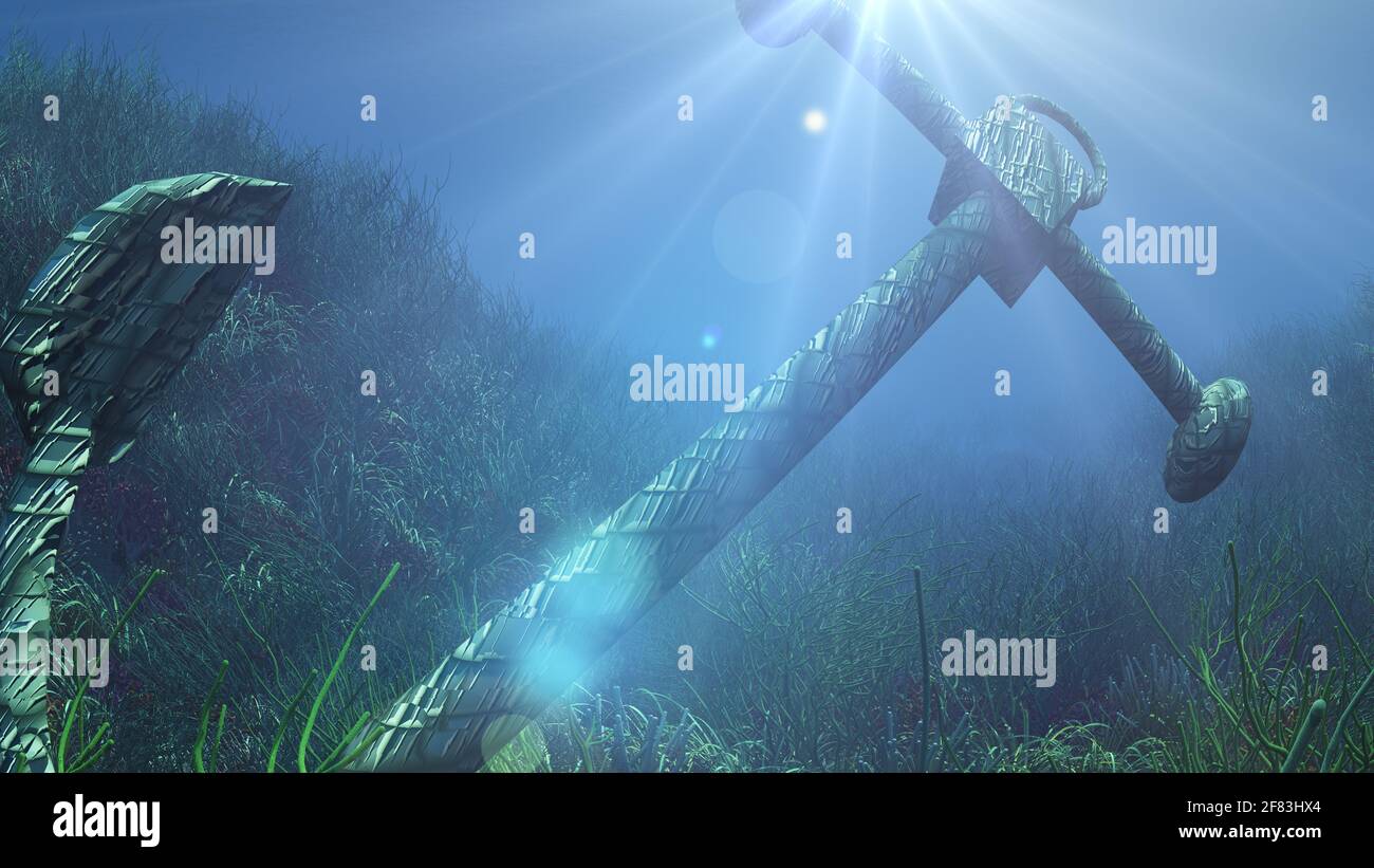 anchor under water sun ray illustration 3d rendering Stock Photo - Alamy