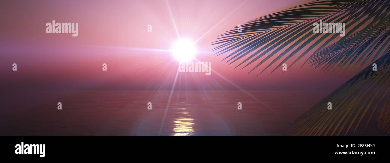 sunset sea palm landscape illustration, 3d render Stock Photo - Alamy