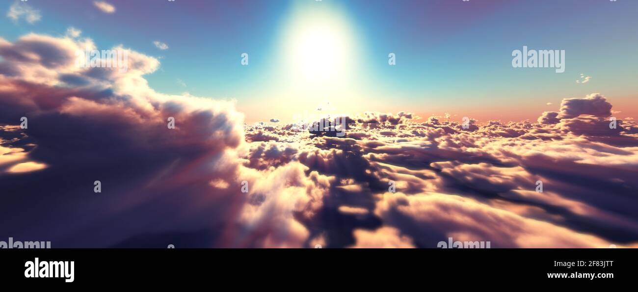 above clouds fly sunset sun ray illustration, 3d render Stock Photo - Alamy
