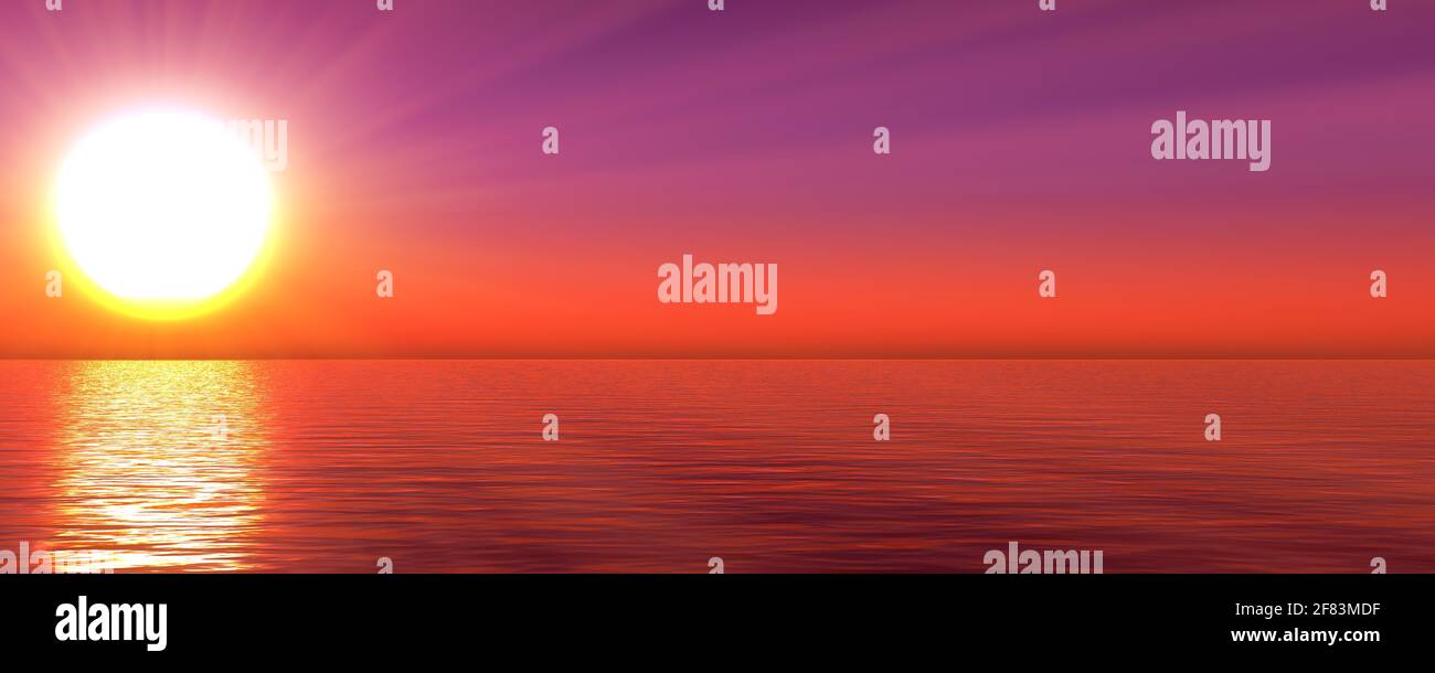sunset sea sun ray clear sky, 3d rendering illustration Stock Photo - Alamy