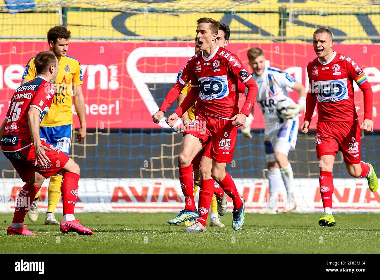 BEVEREN, NETHERLANDS - APRIL 11: Julien de Sart of KV Kortrijk ...