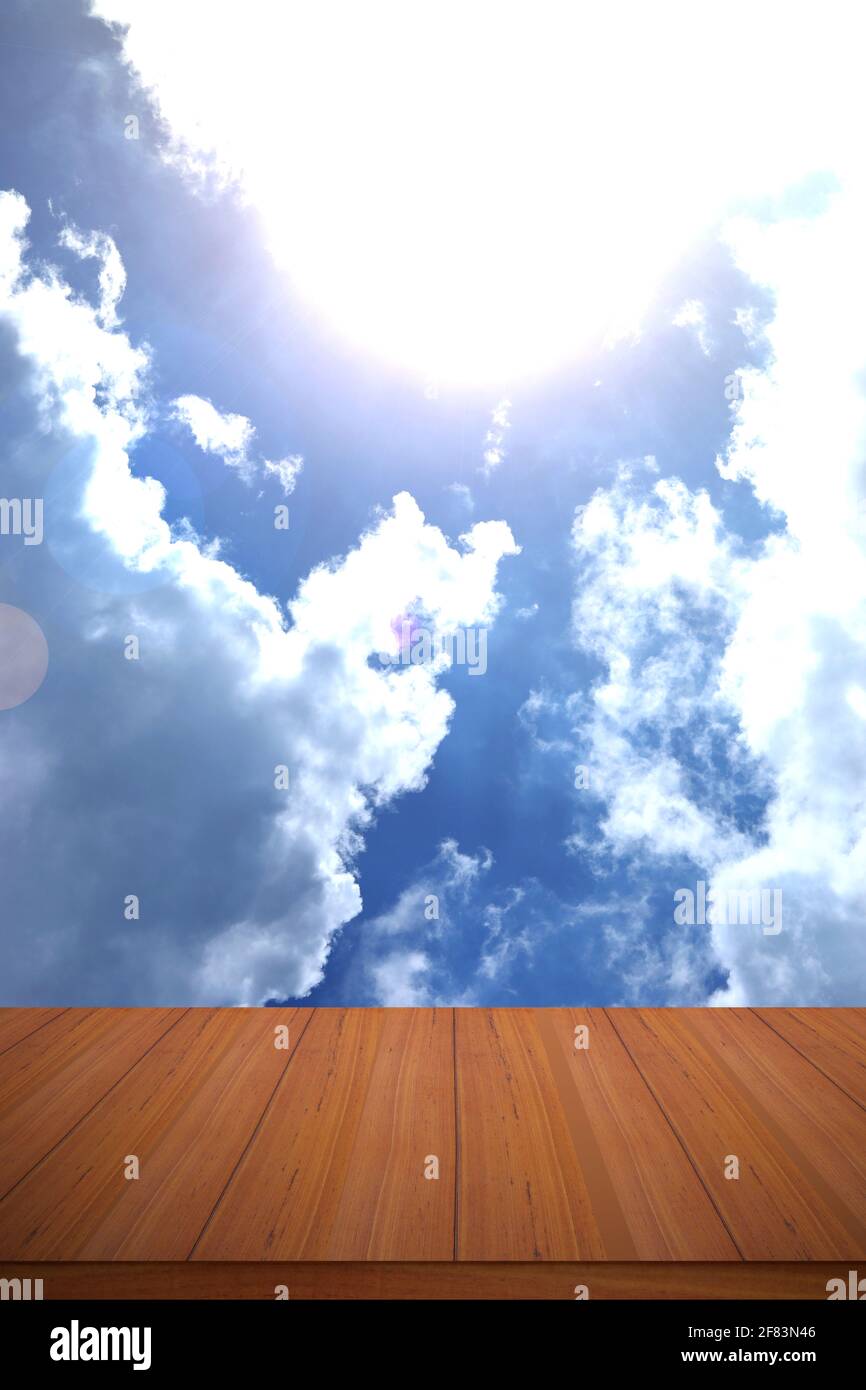 Wood table top in blue sky with sunlight backgrounds Stock Photo - Alamy
