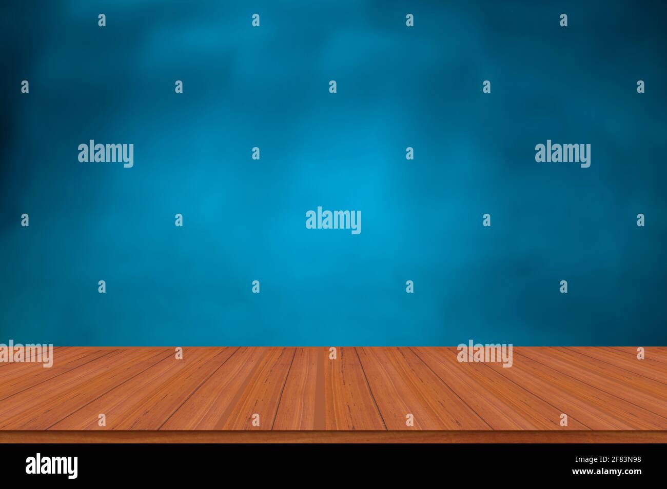 Empty wooden table and blue background with empty spaces Use it for ...