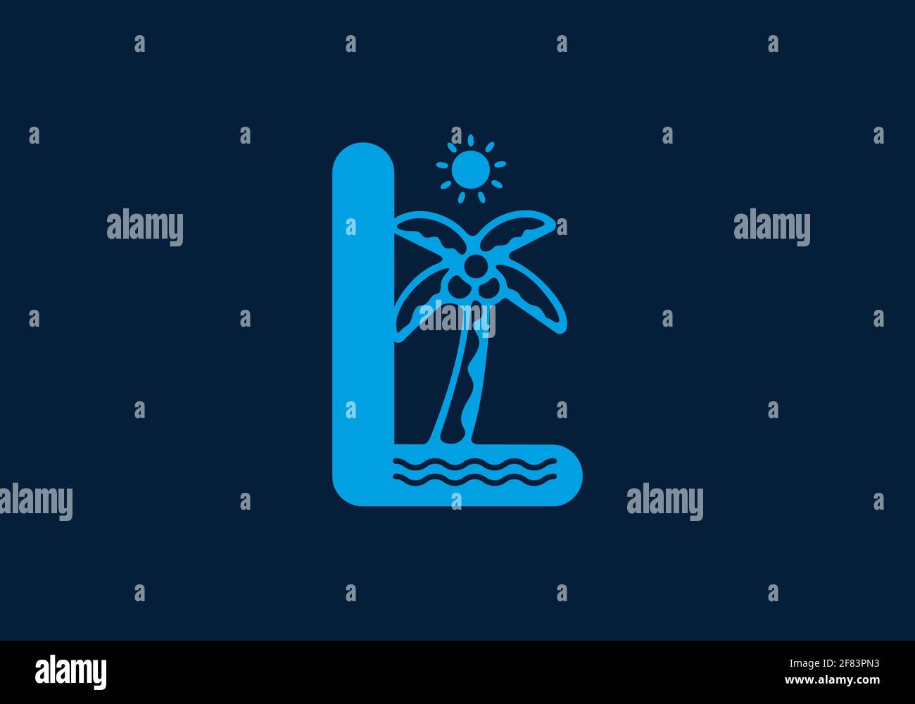 Blue color of L initial letter with coconut tree and sun design Stock ...