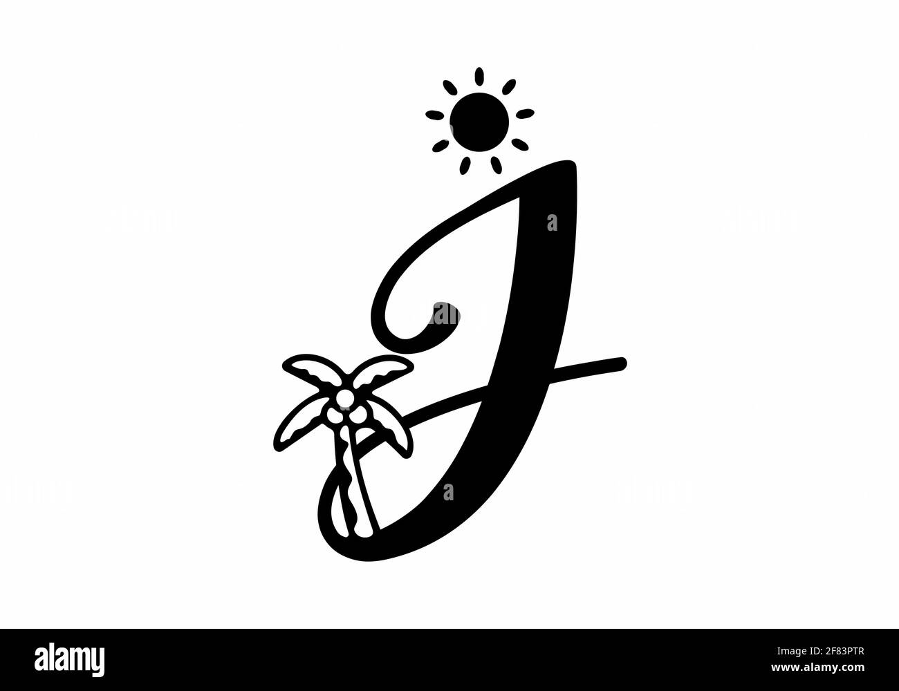 Black color of J initial letter with coconut tree and sun design Stock ...
