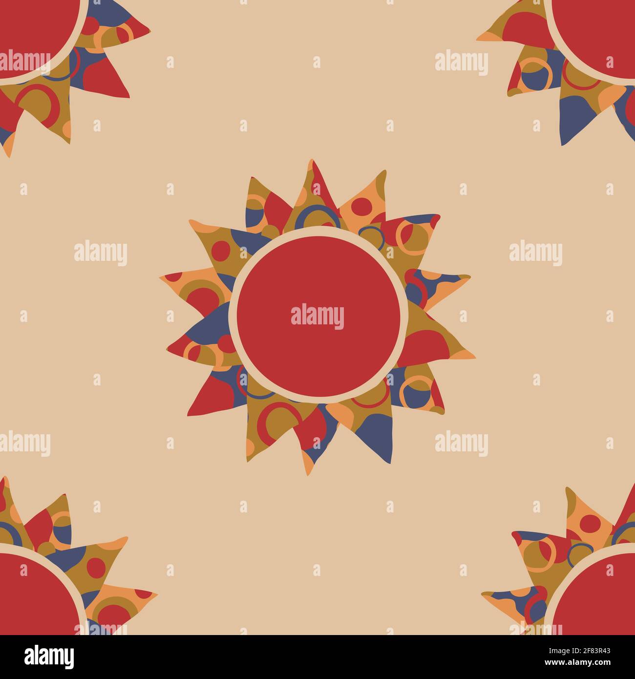 Seamless vector pattern with red sun on pink background. Happy relaxing ...