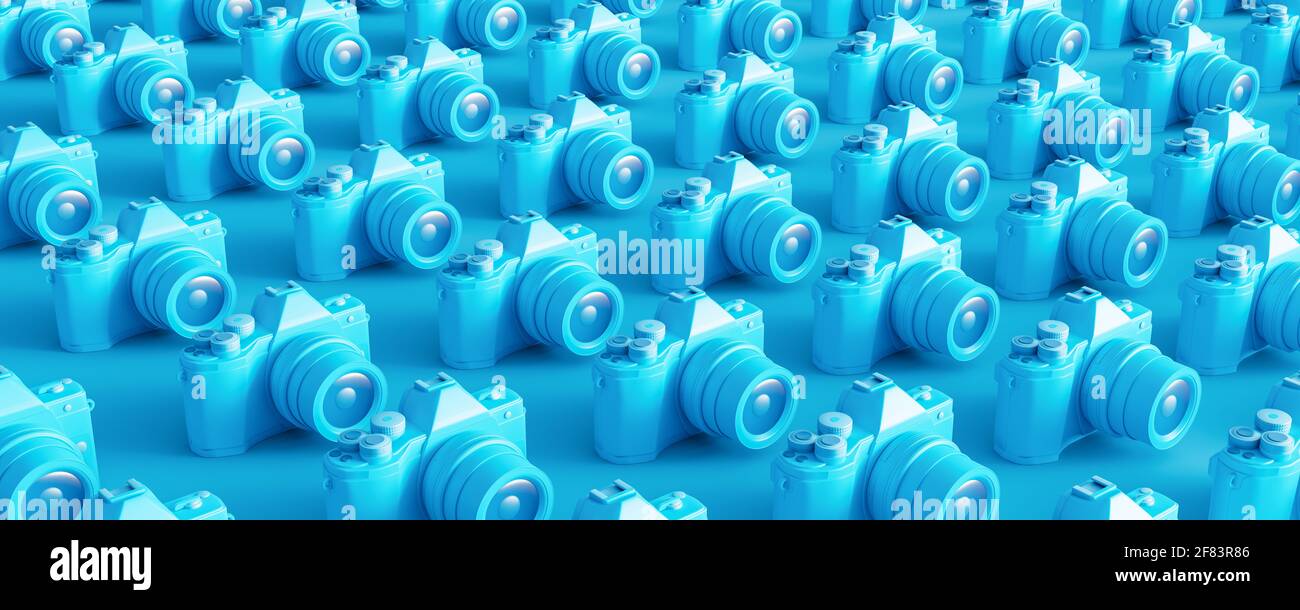 Cameras lined up in row. Creative concept on blue background. 3d render ...