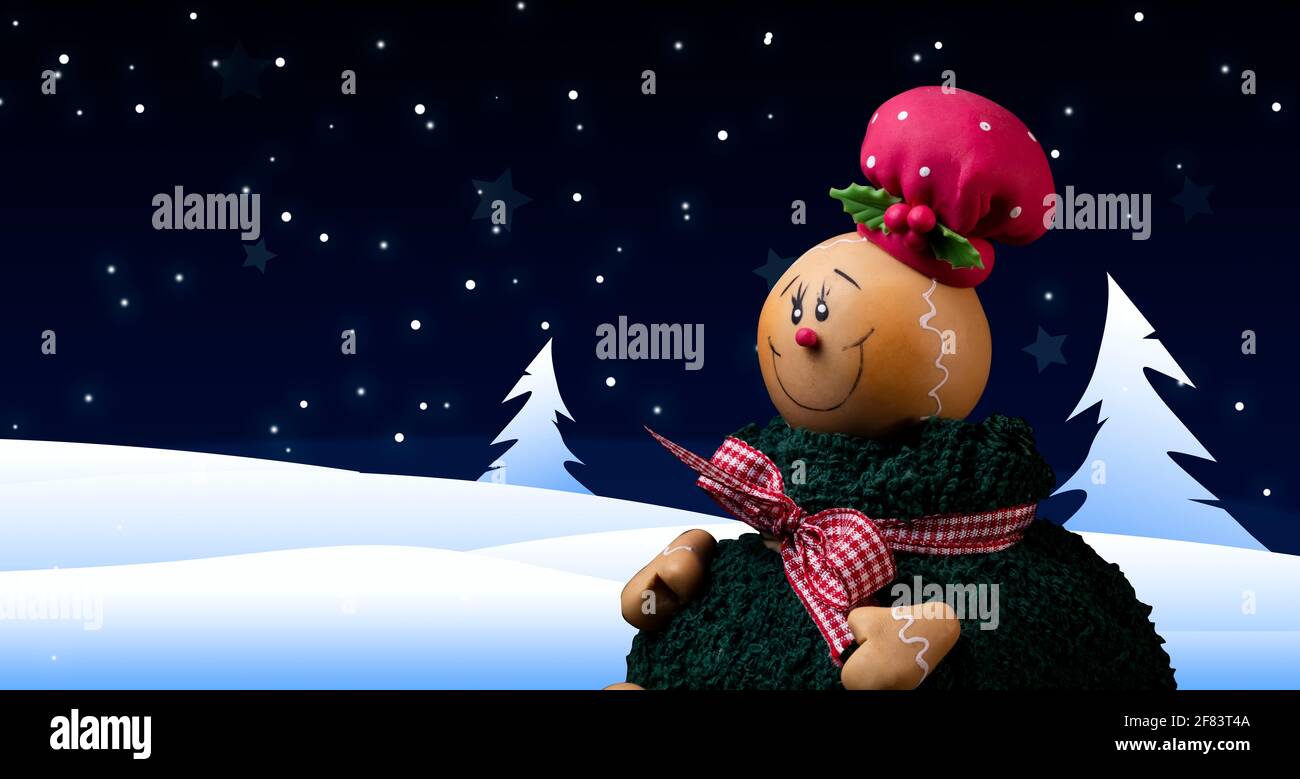 Gingerbread man postcard in the valley with snow Stock Photo - Alamy