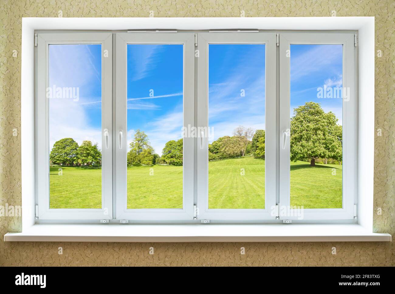 View through a modern PVC window onto beautiful spring landscape Stock ...