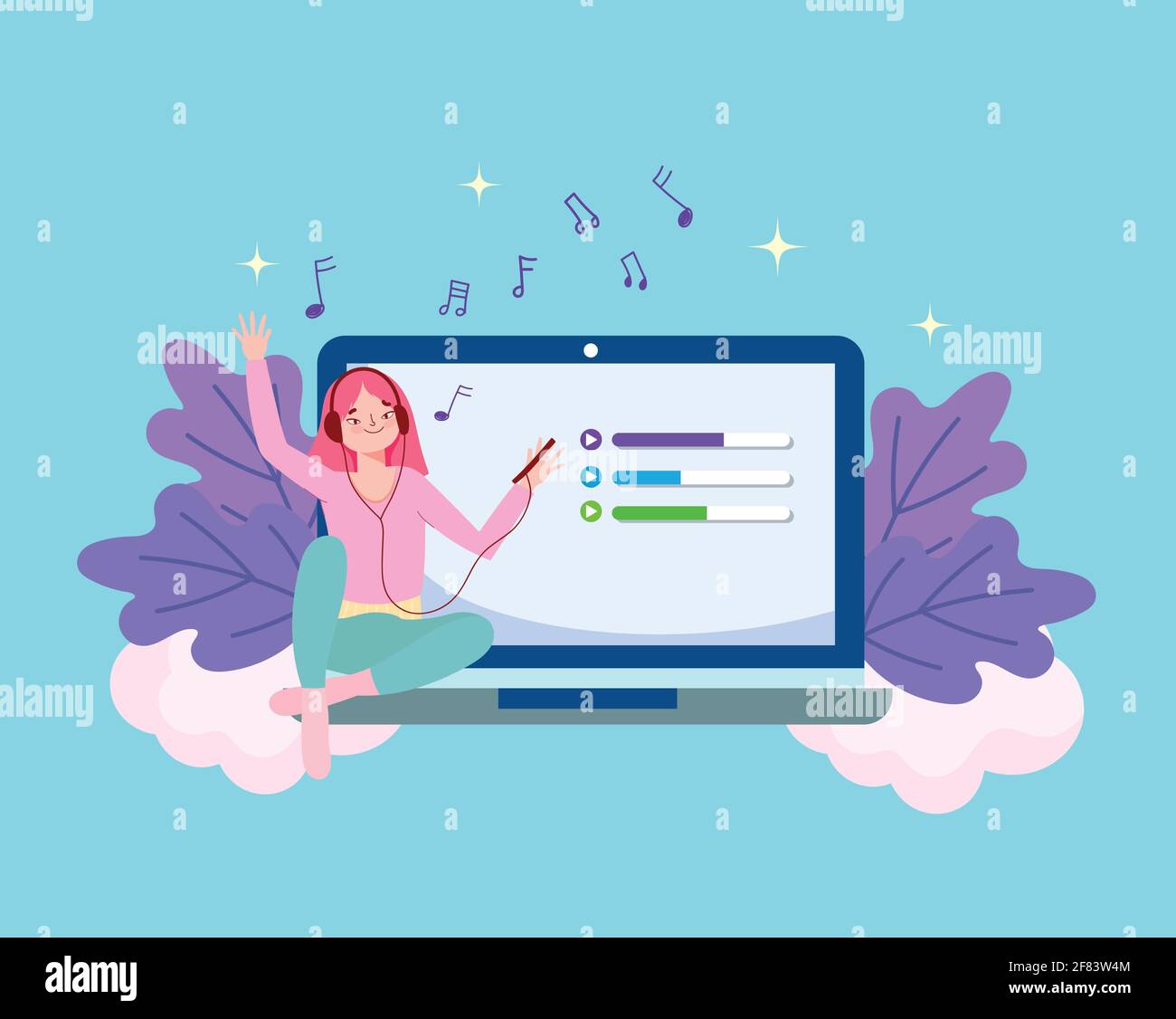 girl listening music on laptop cartoon Stock Vector Image & Art - Alamy