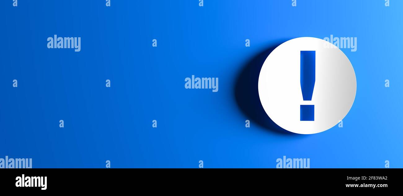 A round curved piece of paper with a cut out exclamation mark on blue ...