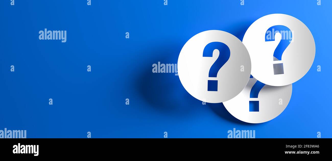 Three round curved pices of paper with a cut out question mark on blue ...