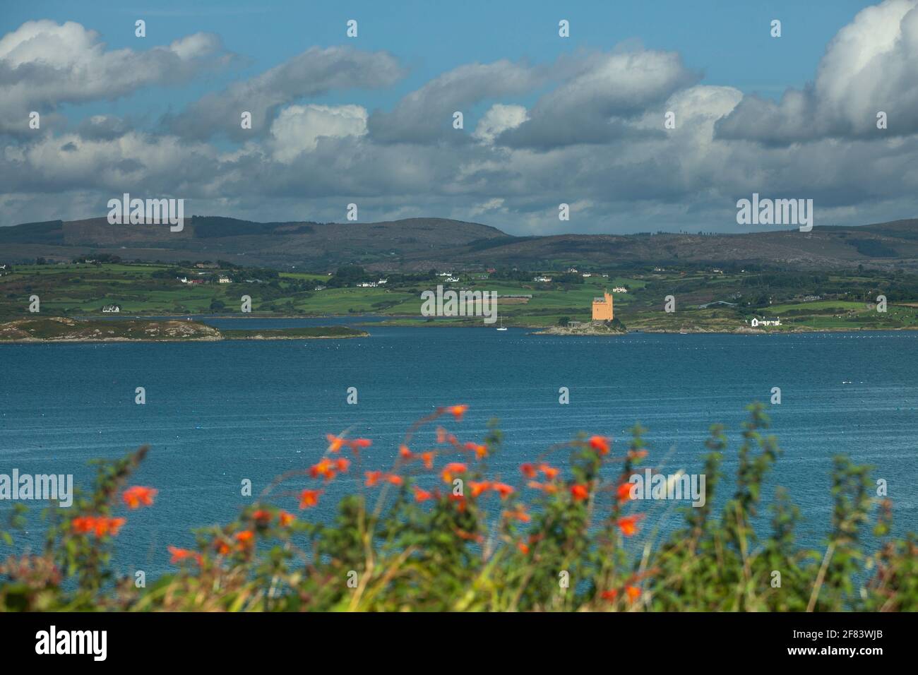 View across the bay to Kilcoe castle on the Wild Atlantic Way in West ...