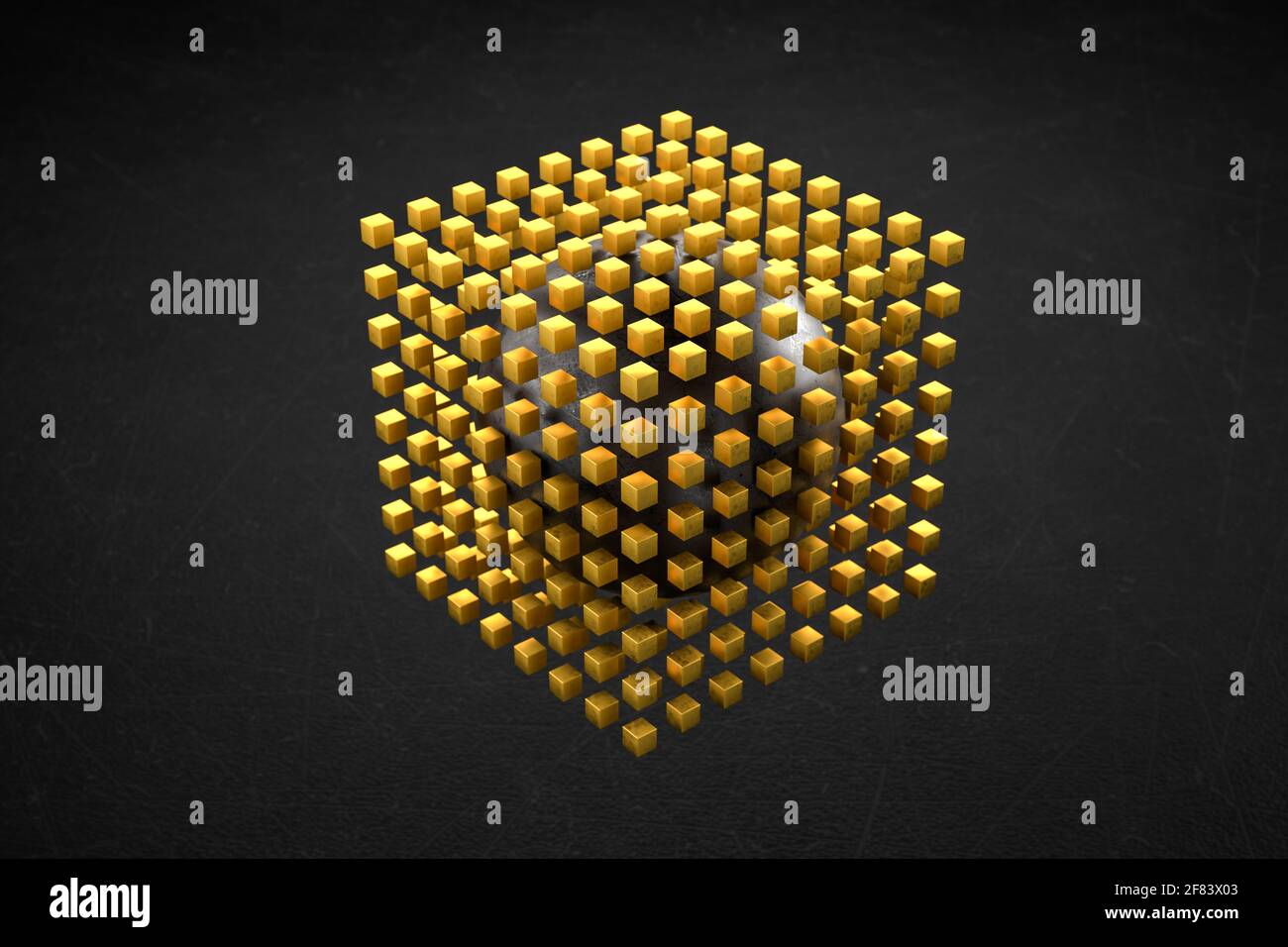 A black sphere surrounded by golden cubes arranged in a cube shape ...