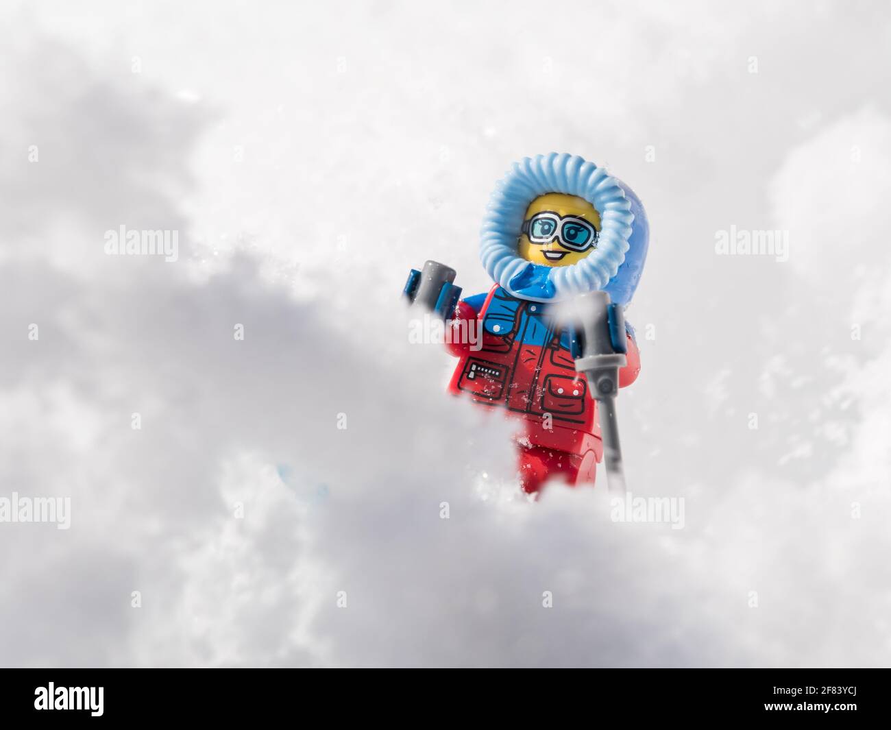 Lego minifigure skiing downhill in powder snow Stock Photo - Alamy