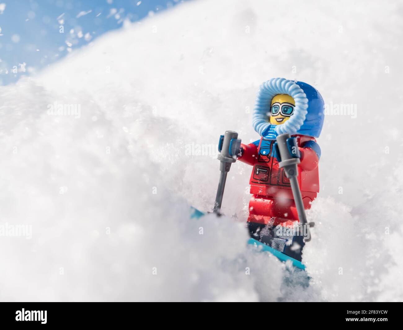 Lego minifigure skiing downhill in powder snow Stock Photo - Alamy