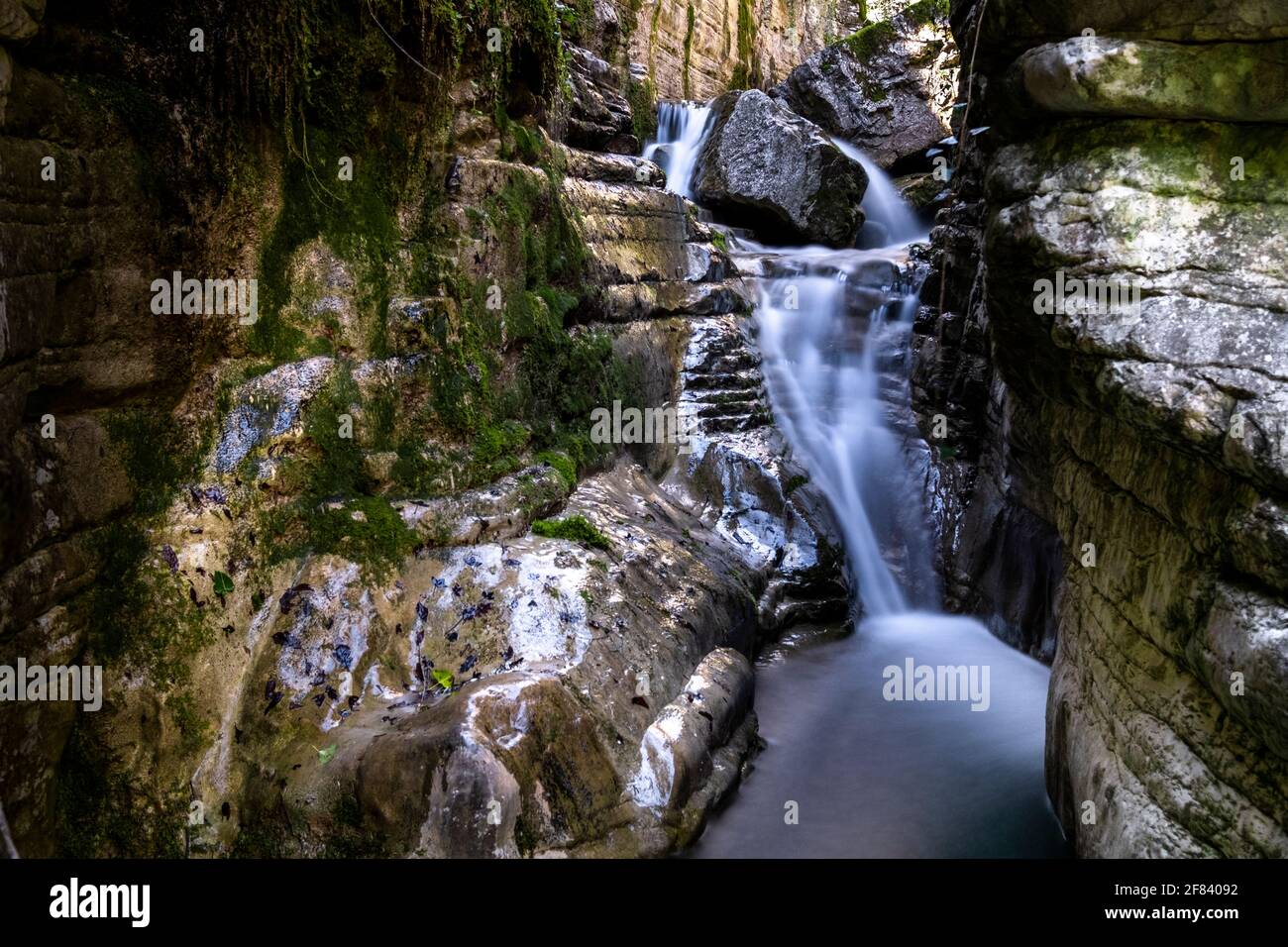 Torrent in natural landscape with waterfall, geological phenomenon of ...