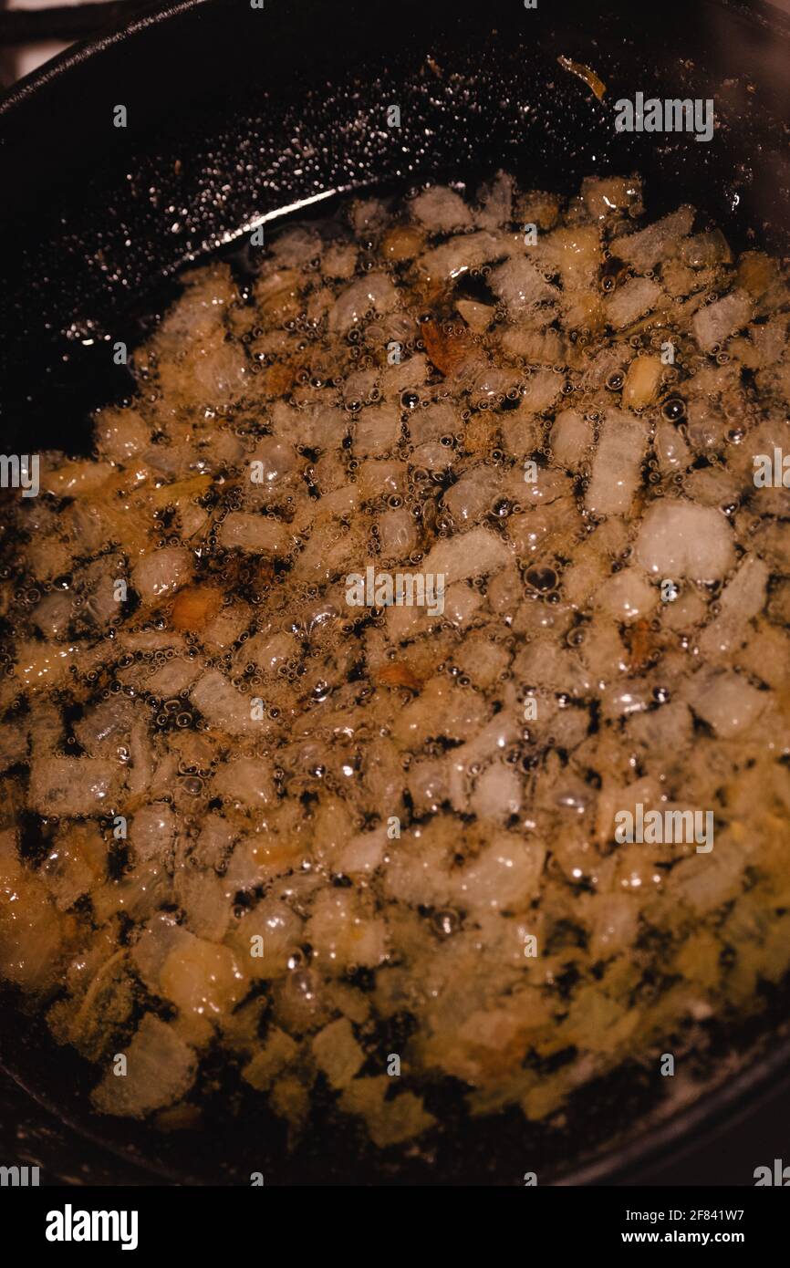 Frying onion. onion pan cooking oil,food fry preparation ingredient ...