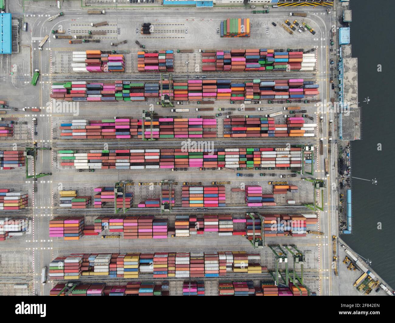 Aerial view of Container ship loading and unloading in deep sea port ...