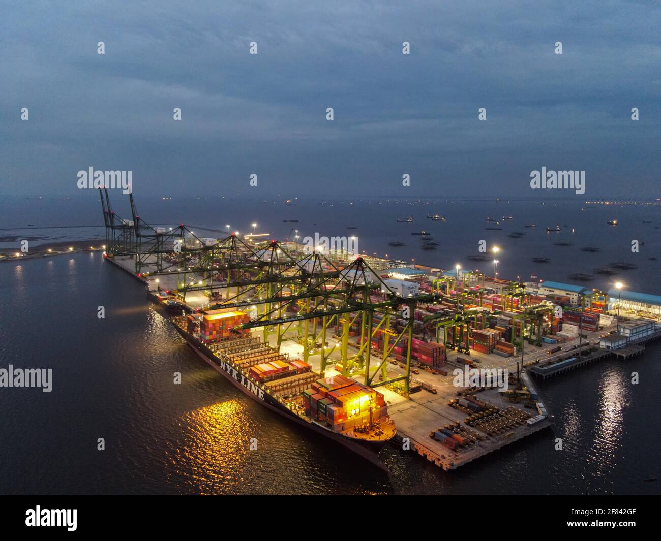 Aerial view of Container ship loading and unloading in deep sea port ...