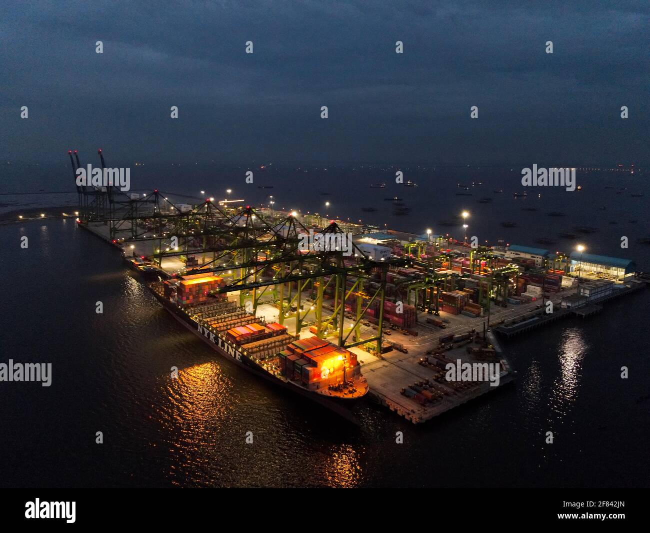 Aerial view of Container ship loading and unloading in deep sea port ...