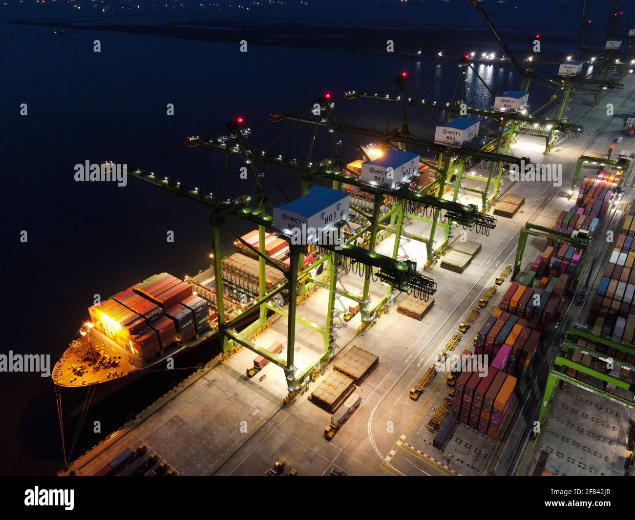 Aerial view of Container ship loading and unloading in deep sea port, logistic import and export ...