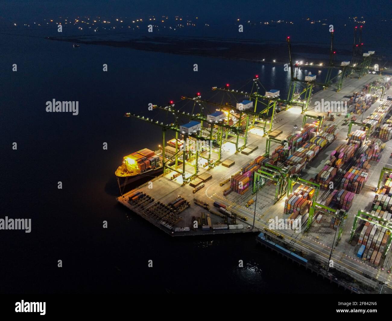 Aerial view of Container ship loading and unloading in deep sea port ...