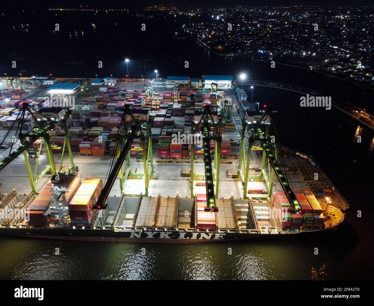 Aerial view of Container ship loading and unloading in deep sea port ...