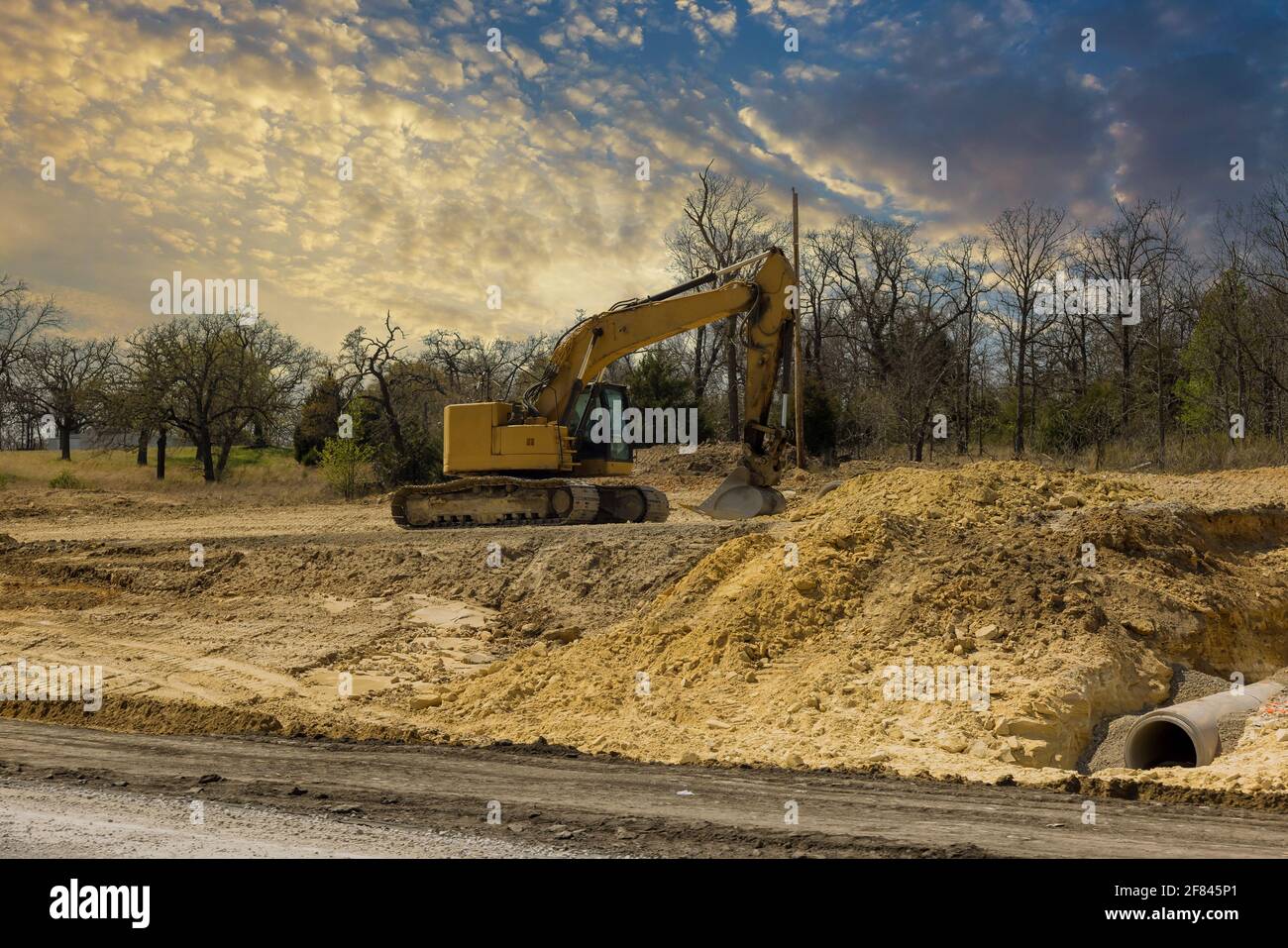 Under construction excavation water drainage at road construction site ...