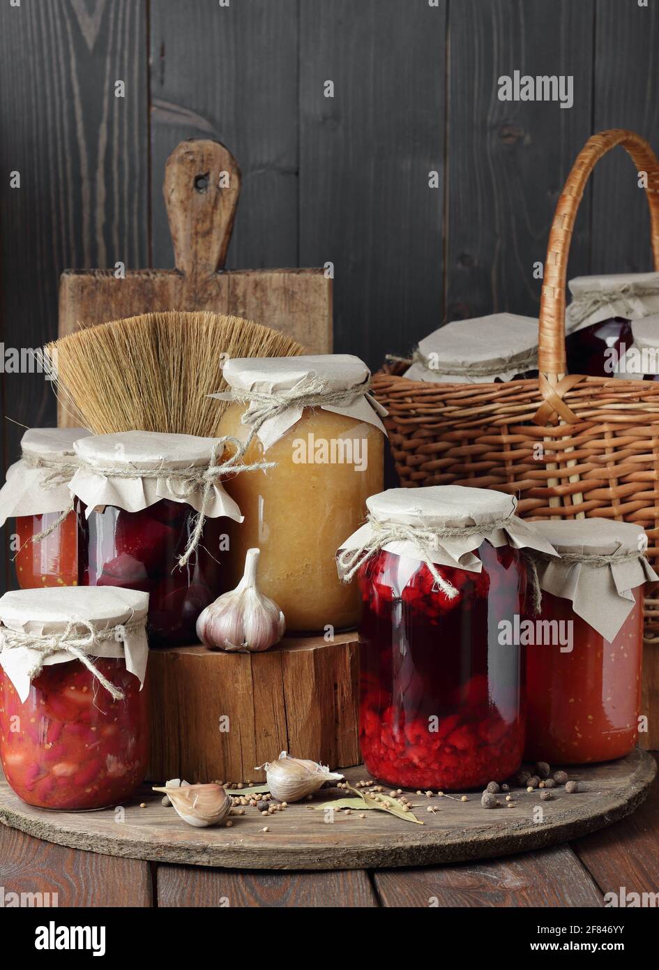 Variety of canned vegetable food: conserved beetroot, tomato paste ...